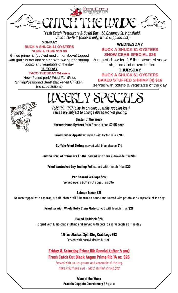 Mansfield Restaurant Specials - Fresh Catch - Seafood Restaurant in MA