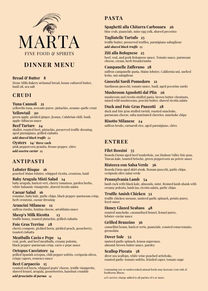 Menu - Marta Fine Food and Spirits - Butchers Hill - Baltimore, MD