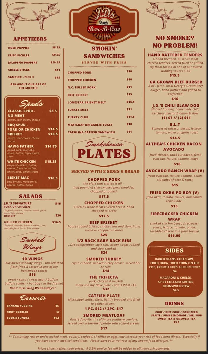 Menu - JD's Bar-B-Que - Barbecue Restaurant in GA