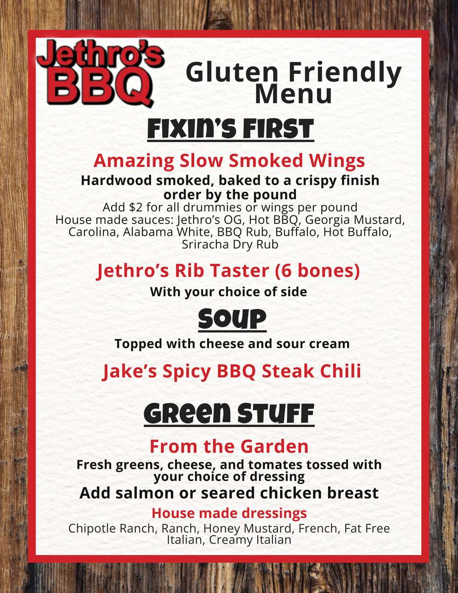 Gluten-Friendly Menu - Jethro's BBQ - Barbecue Restaurant in IA