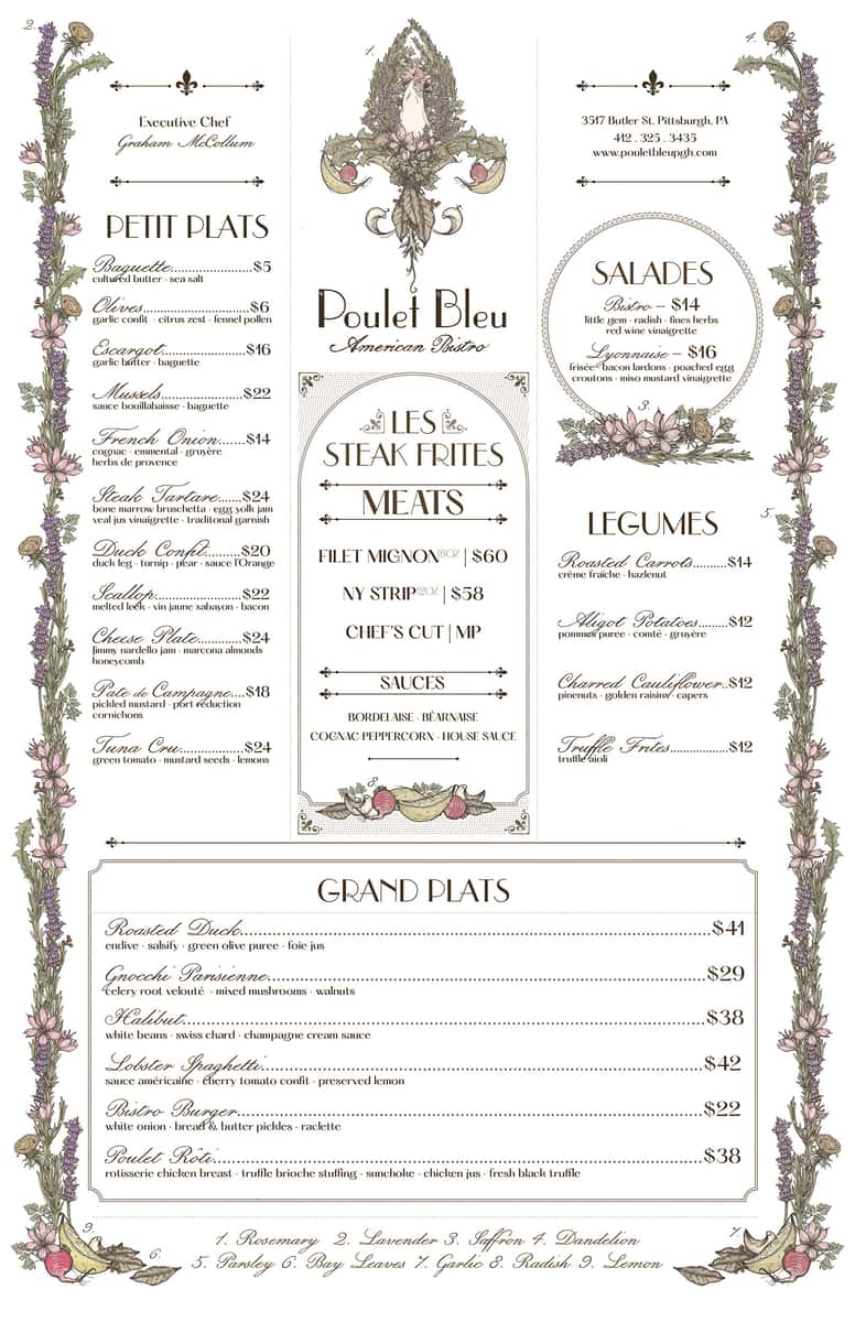 Menu - Poulet Bleu - French Restaurant in Pittsburgh, PA