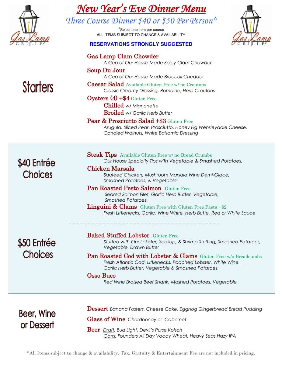 NYE Menu - Gas Lamp Grille - American Restaurant in Newport, RI