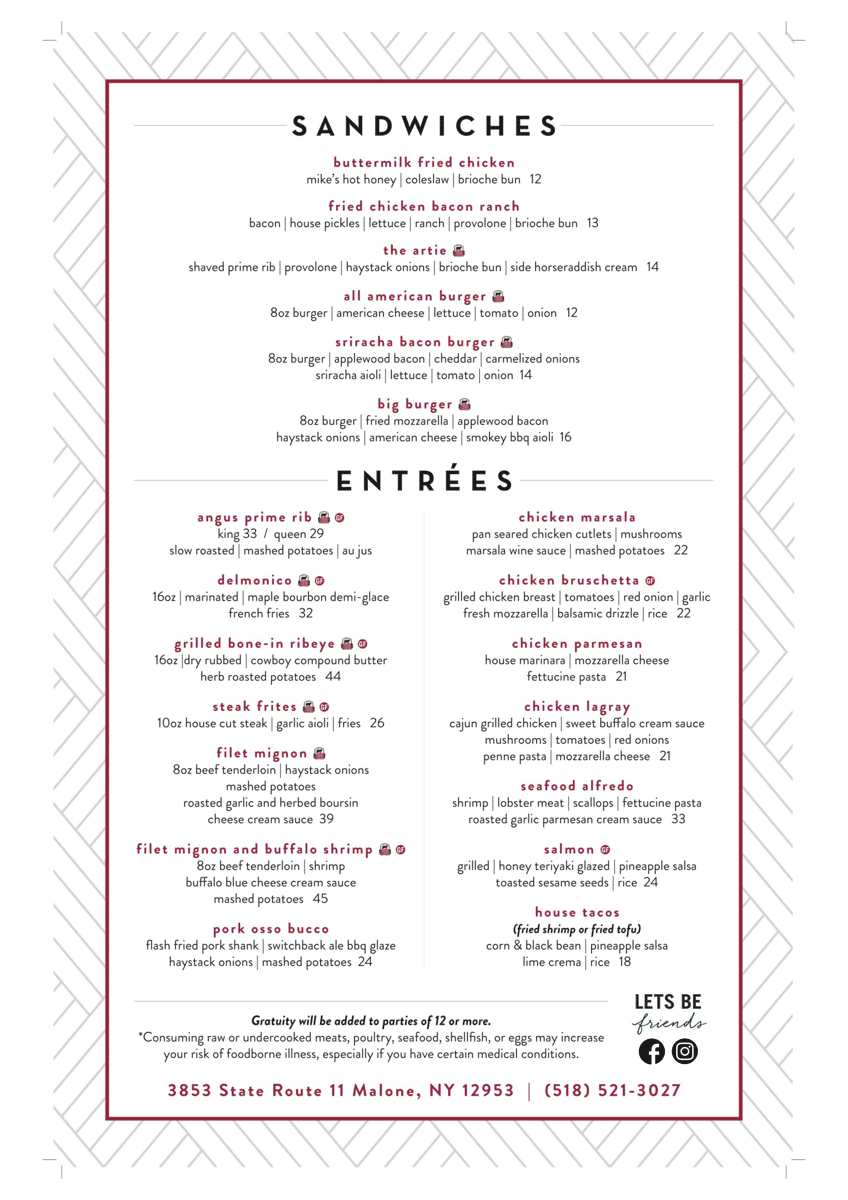 Menu - Donovan's Steak & Ale - American Restaurant in Malone, NY