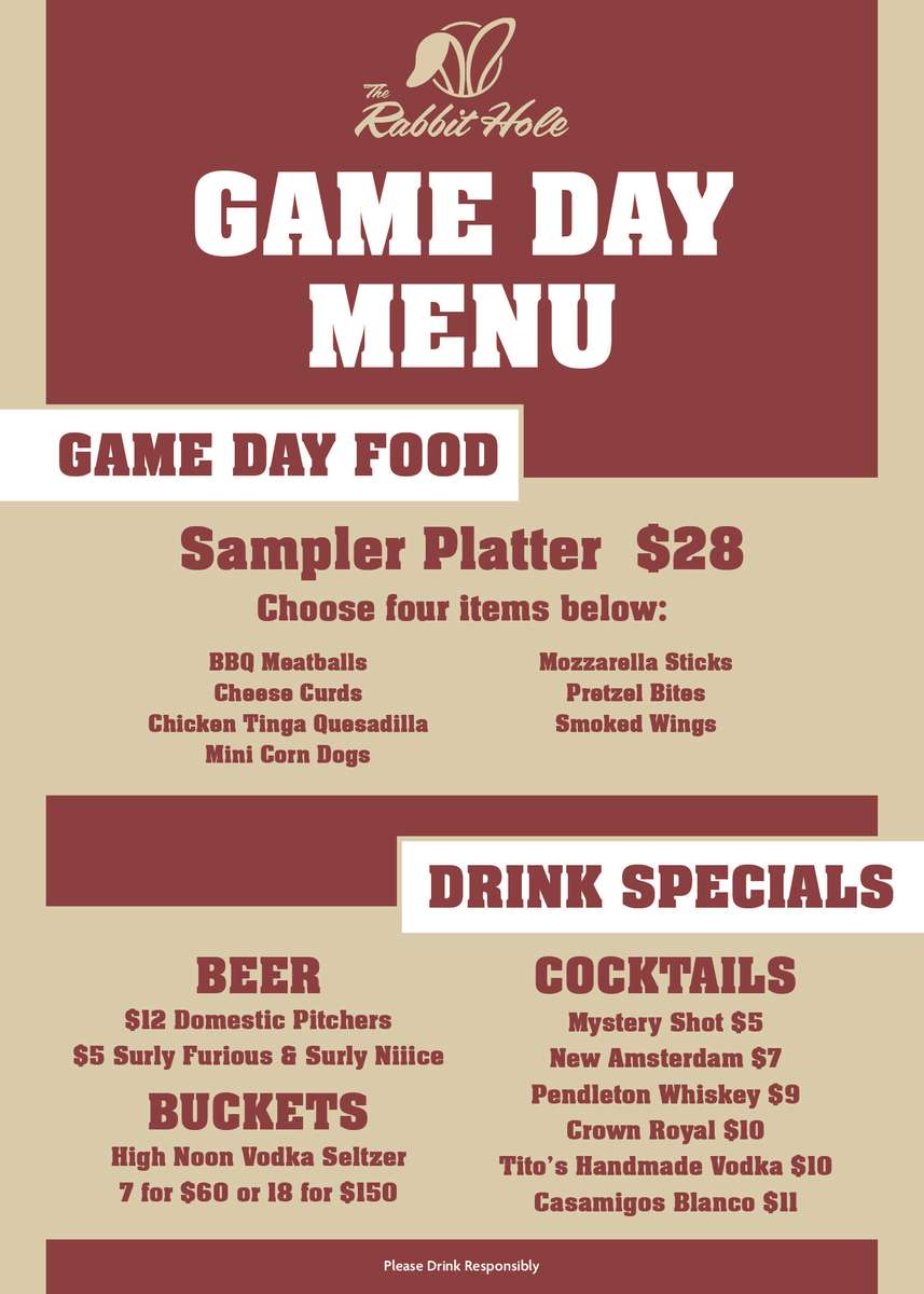 Game Day Menu | The Rabbit Hole - Game Day Speicals - The Rabbit Hole