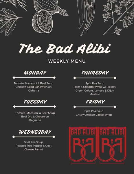 Menu - The Bad Alibi - Pub in ON