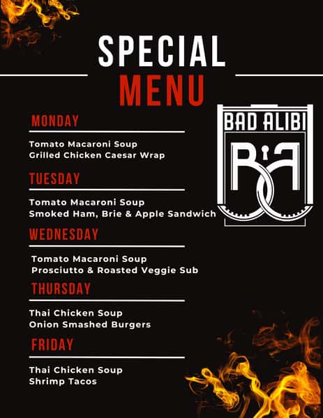Menu - The Bad Alibi - Pub in ON
