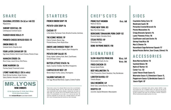Dining Menu - Mr. Lyons Steakhouse | Steak House | Palm Springs, CA