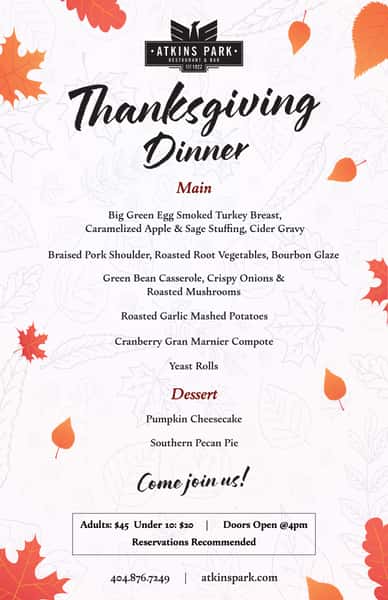 Thanksgiving Dinner - Atkins Park Restaurant Atlanta,GA