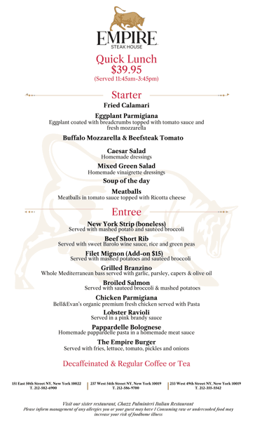 Enjoy our Quick Lunch Menu! - Best Steakhouse in NYC for Prime Steak ...