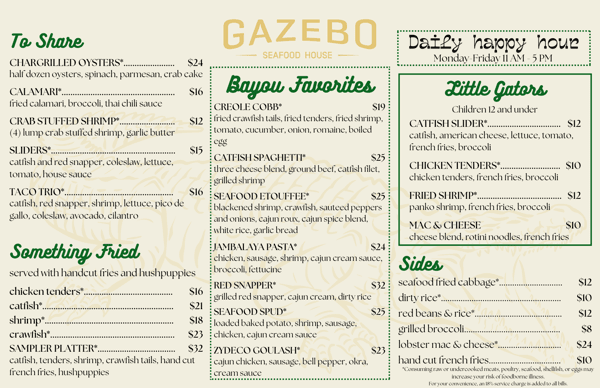 Menu - Gazebo - Seafood Restaurant in Houston, TX