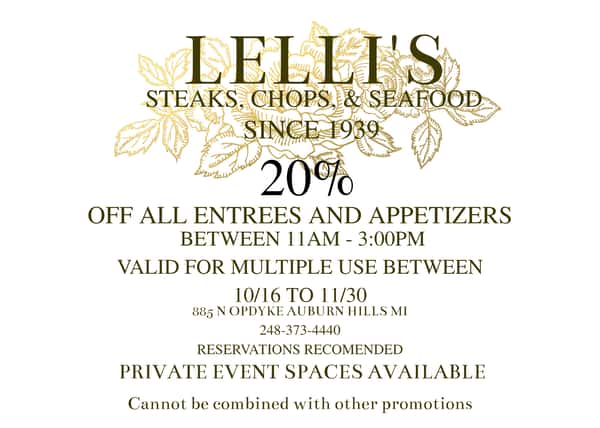 20 Off Lunch 10 30 Lellis Steak House In Auburn Hills MI 20 Off Lunch 10 30 Lellis Steak House In Auburn Hills MI