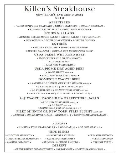 Menu @ Pearland - Killen's Steakhouse -Chef Driven Steakhouse in Texas