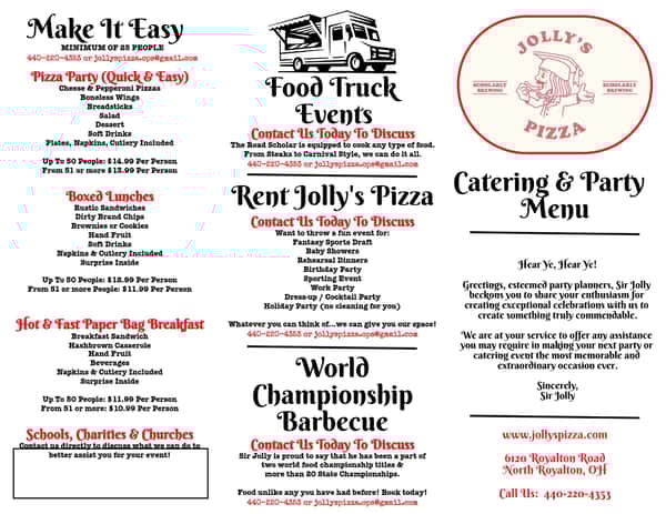 Catering - Jolly's Pizza & Scholarly Brewing - Pizza Restaurant