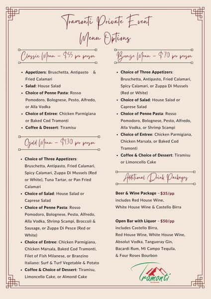 Private Events - Tramonti Ristorante: Authentic Italian in Thomaston, CT