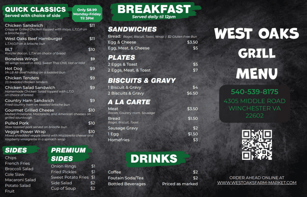 Menu - West Oaks Farm Market - Restaurant in Winchester, VA