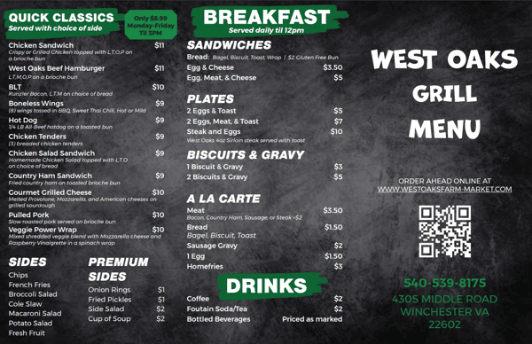 Menu - West Oaks Farm Market - Cafe in Winchester, VA