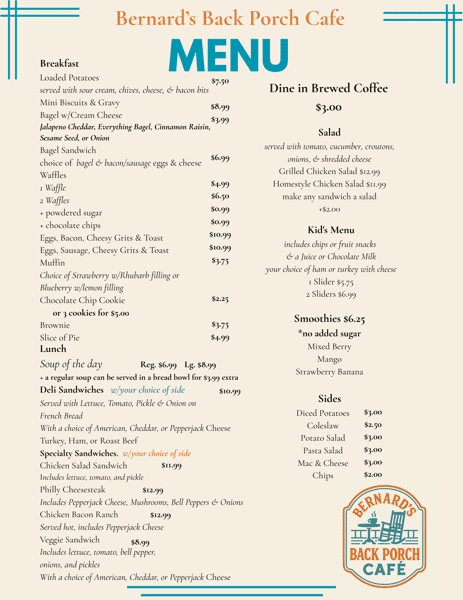 Menu - Bernards Back Porch Cafe - Coffee Shop in Blanchard, LA