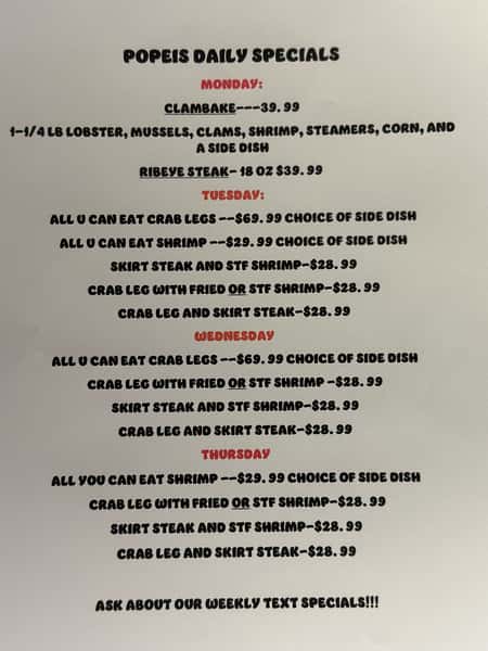Popei's Daily Specials - Popei's Clam Bar - Fish restaurant in Bethpage, NY