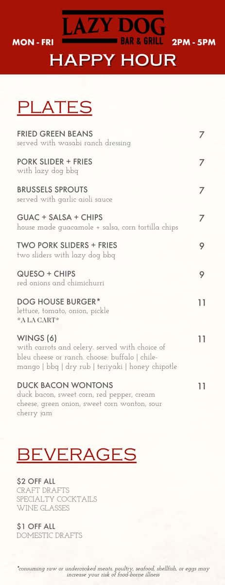 Specials The Original Lazy Dog Bar Grill Locally Owned Operated