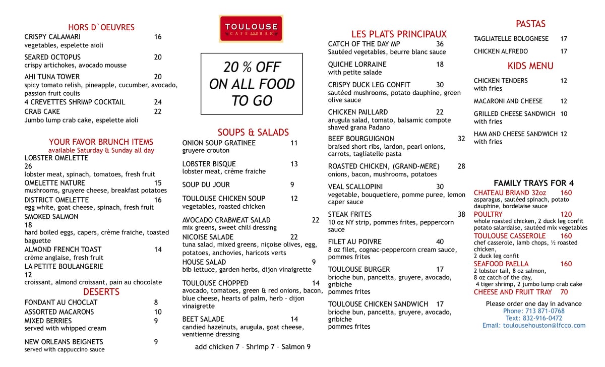 River Oaks Menu - Toulouse Cafe and Bar - Restaurant in TX