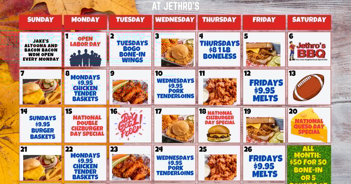 Calendar - Jethro's BBQ - Barbecue Restaurant in IA