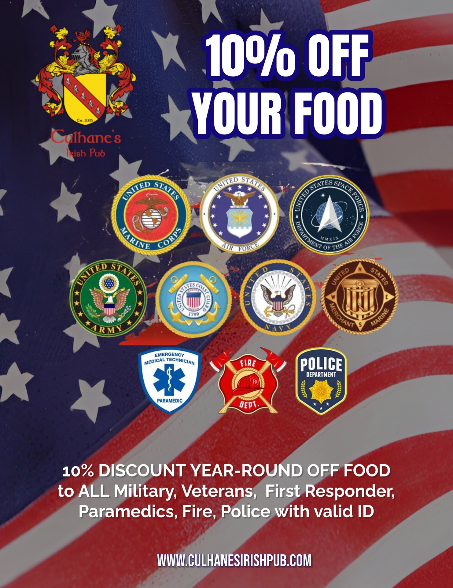 10% Discount on Food to First Responders & Military - Culhane's Irish ...