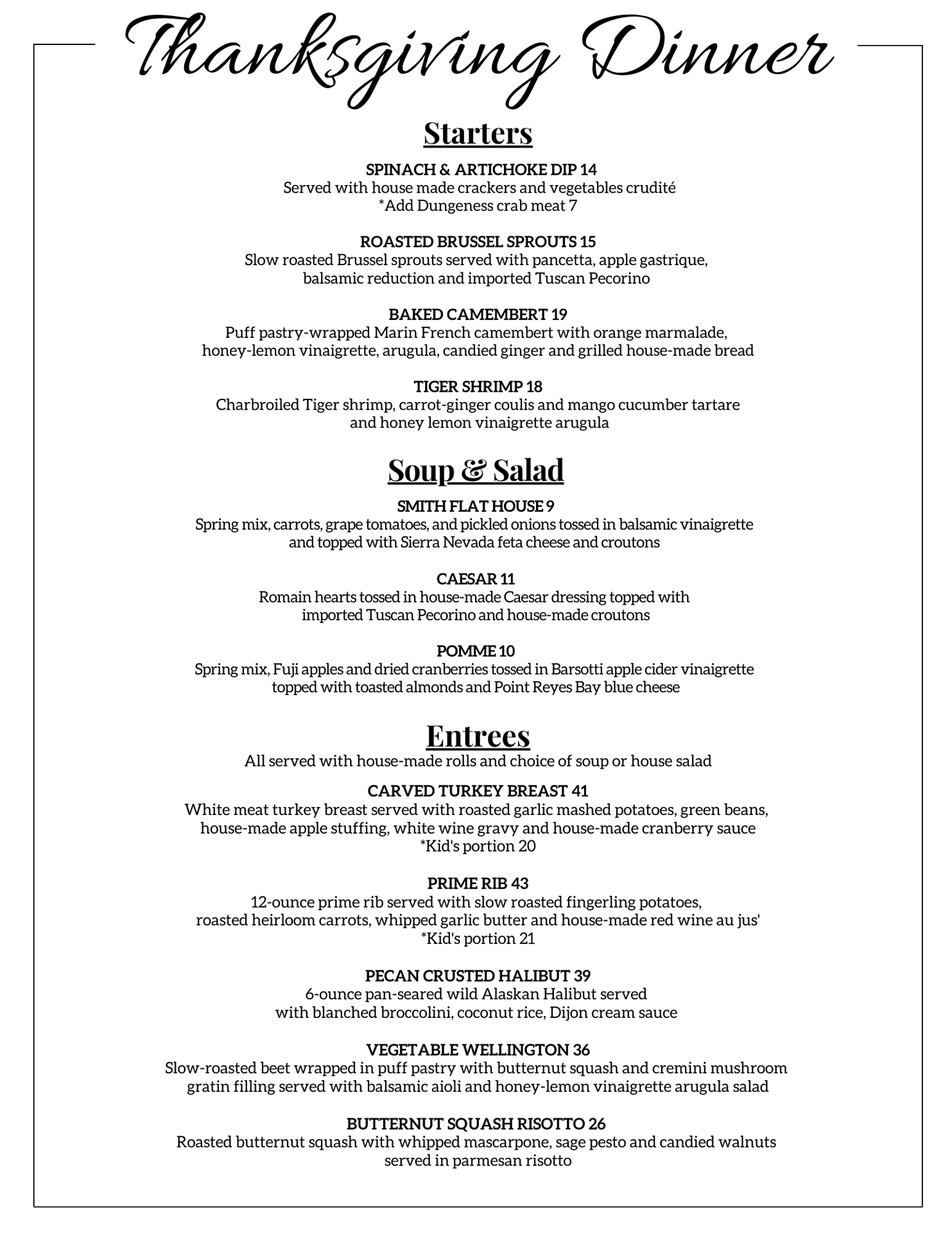 Thanksgiving Dinner - Smith Flat House - Fine Dining Restaurant in ...