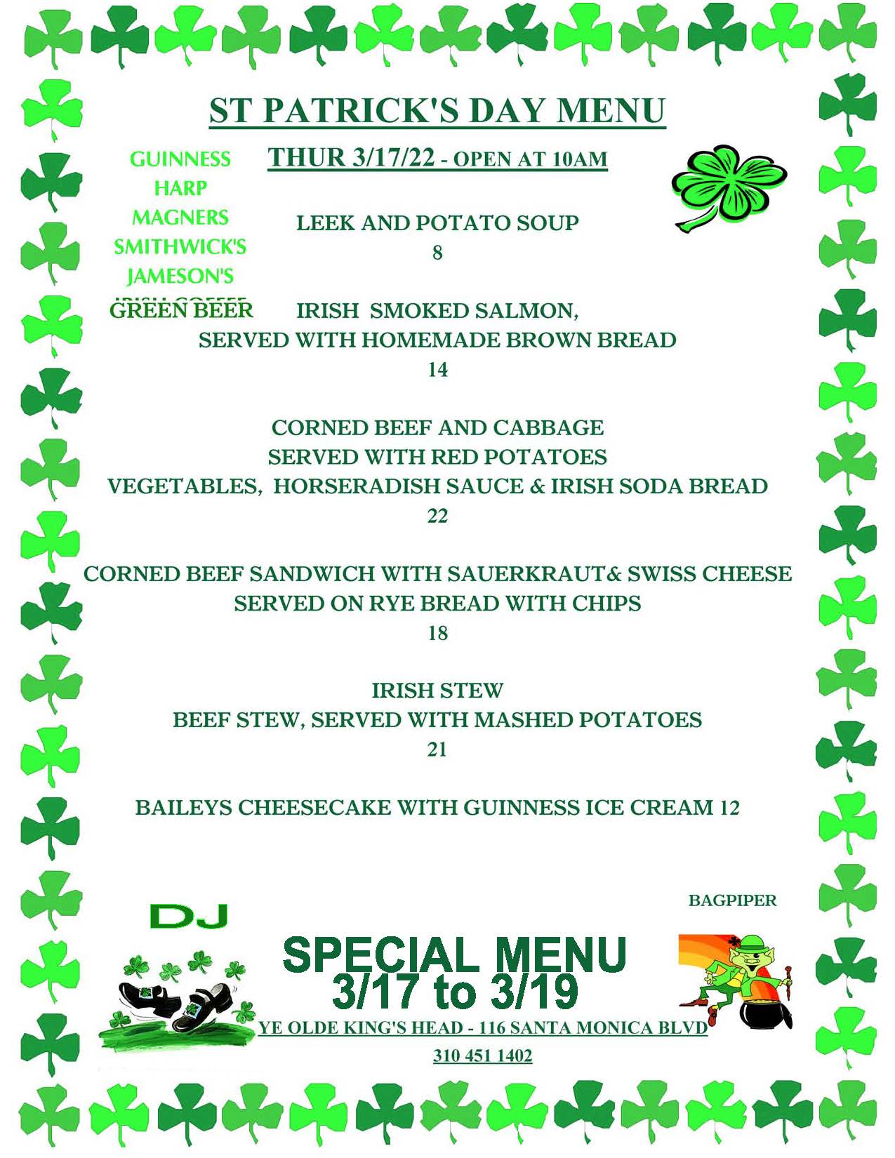 ST PATRICK'S DAY - Ye Olde King's Head - British Restaurant in CA