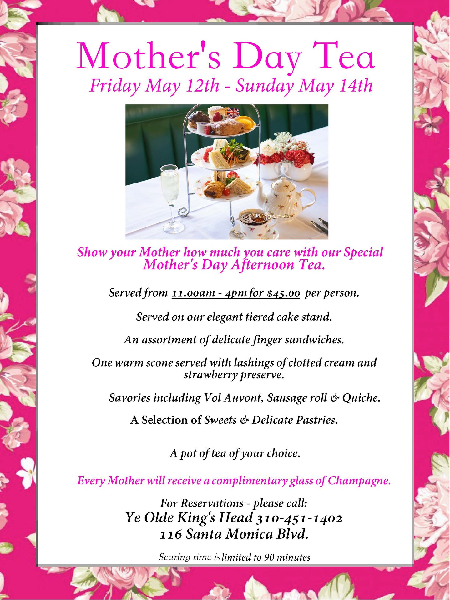 MOTHER'S DAY AFTERNOON TEA - Ye Olde King's Head - British Restaurant in CA