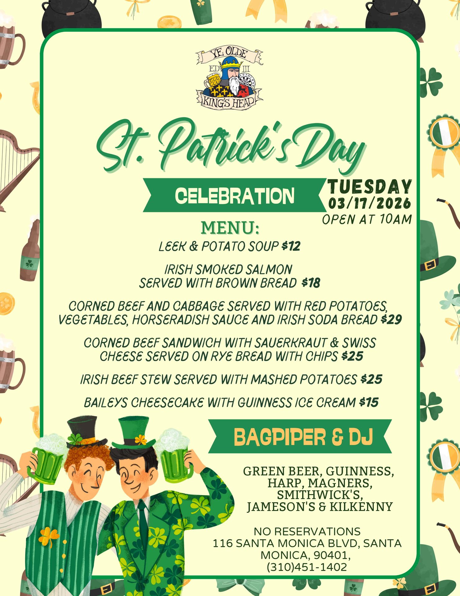 St Patrick's Day - Tuesday March 17th - Ye Olde King's Head - British ...