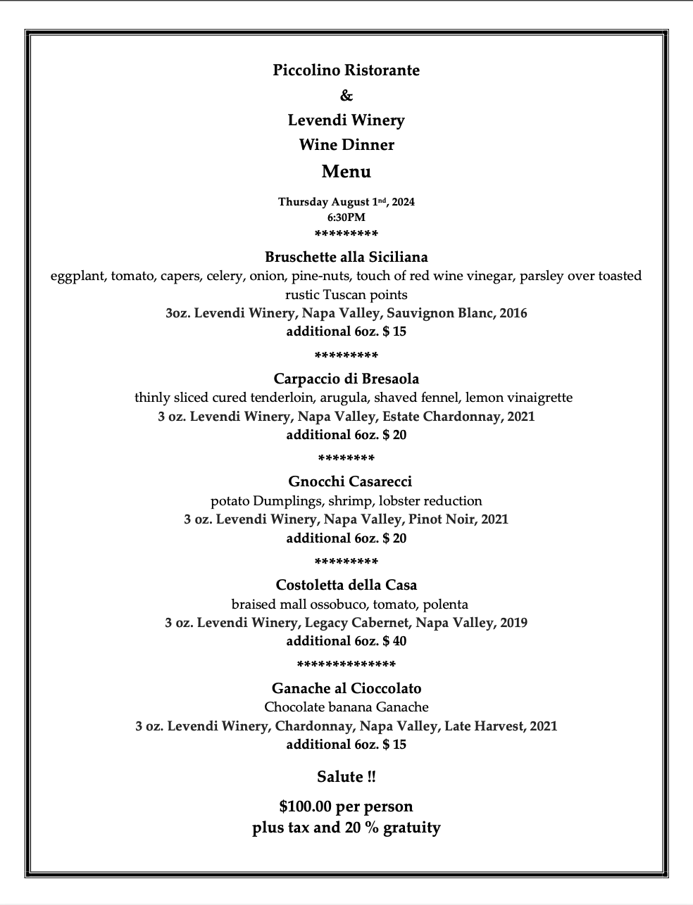 Piccolino Ristorante & Levendi Winery Wine Dinner - Piccolino ...