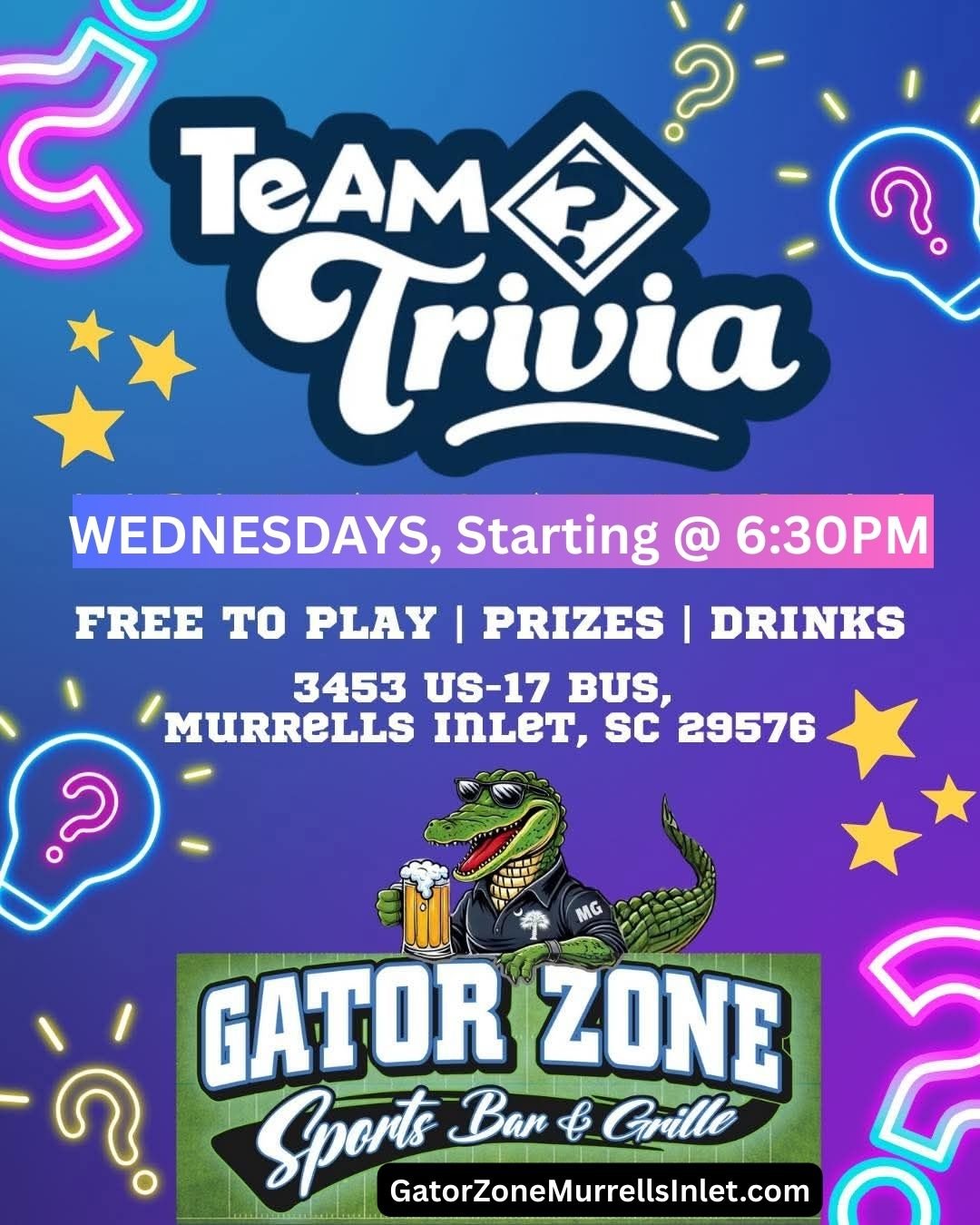 TEAM TRIVIA every Wednesday at 6:30pm at Gator Zone Sports Bar & Grille ...