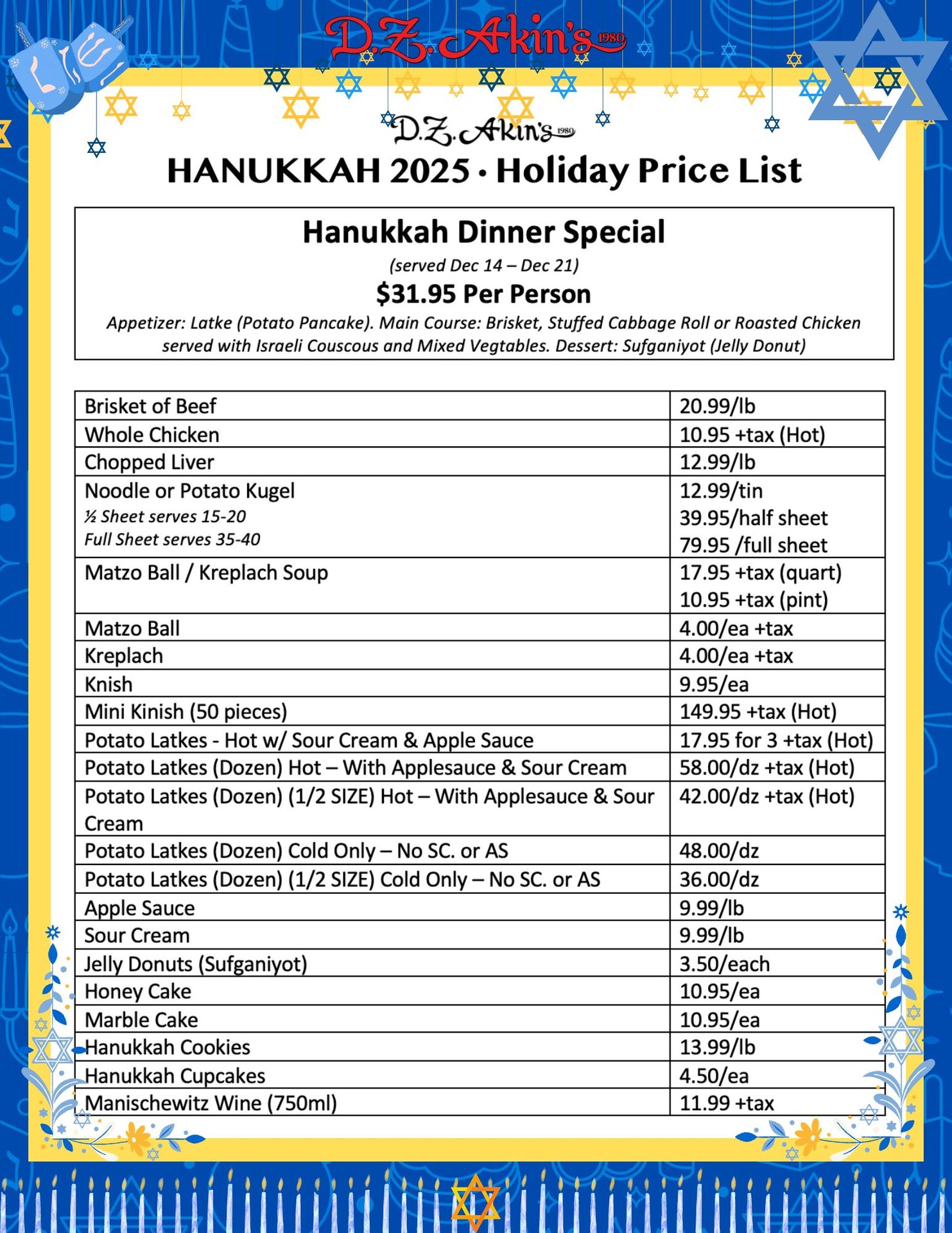 Hanukkah Price List - D.Z. Akin's Restaurant