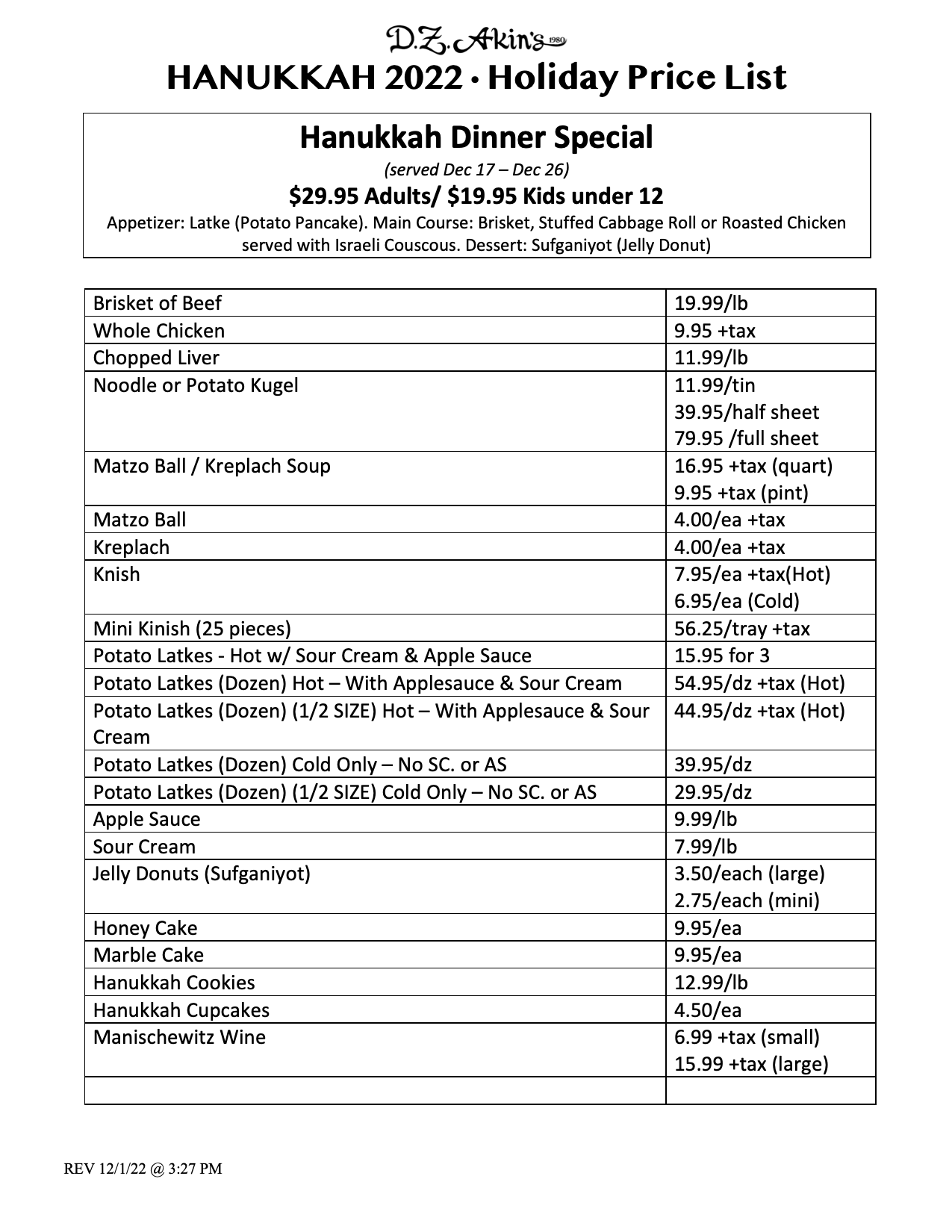 Hanukkah Price List - D.Z. Akin's Restaurant