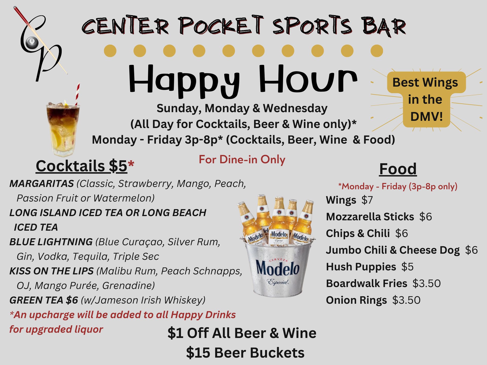 Extended Happy Hour Specials - Center Pocket Sports Bar