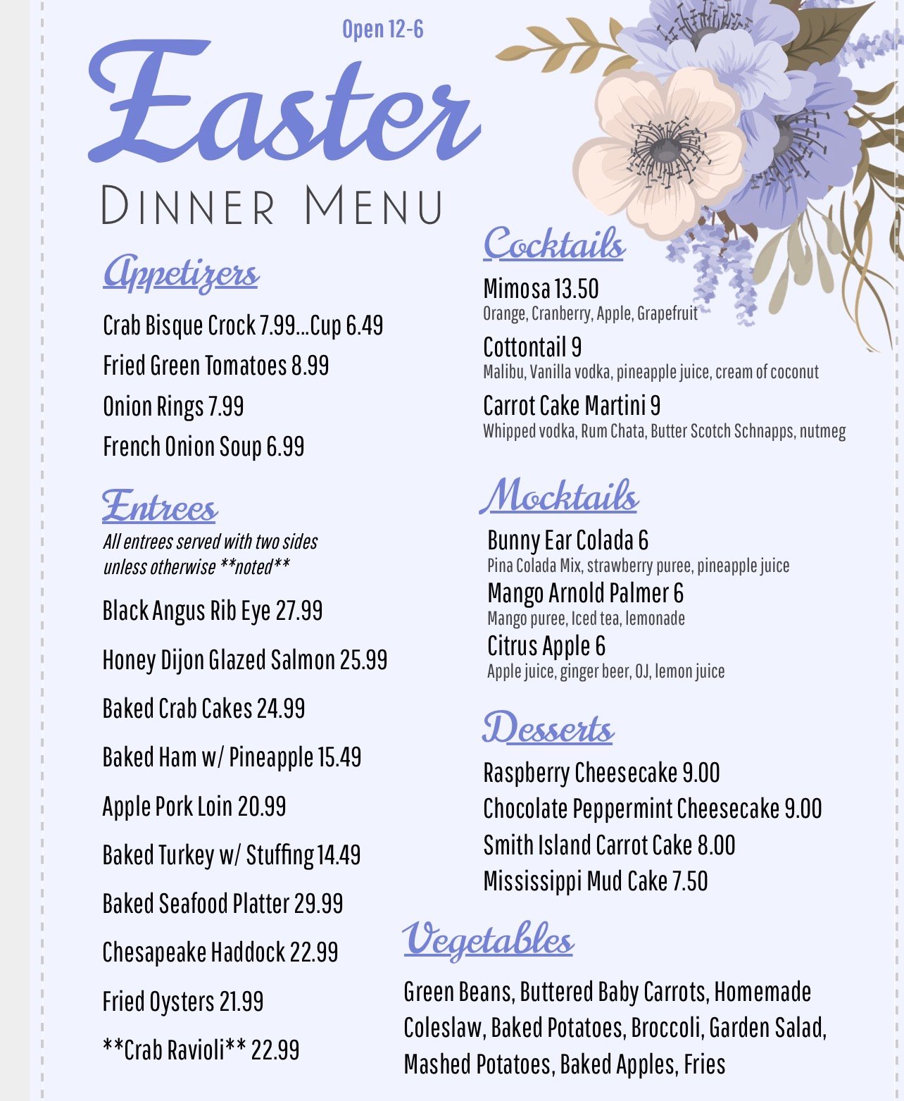 Easter Menu - Baker's Restaurant - Family Style Restaurant in Elkton, MD