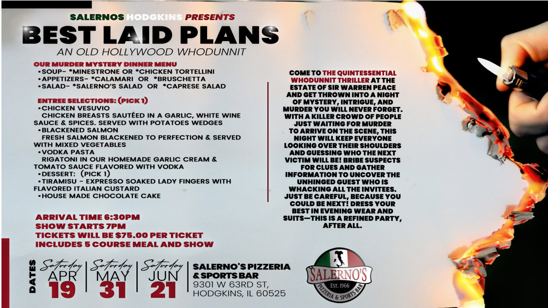 🕵️Best Laid Plans 🔎Murder Mystery Dinner Show @ Salerno's Hodgkins - Salerno's - Pizza ...