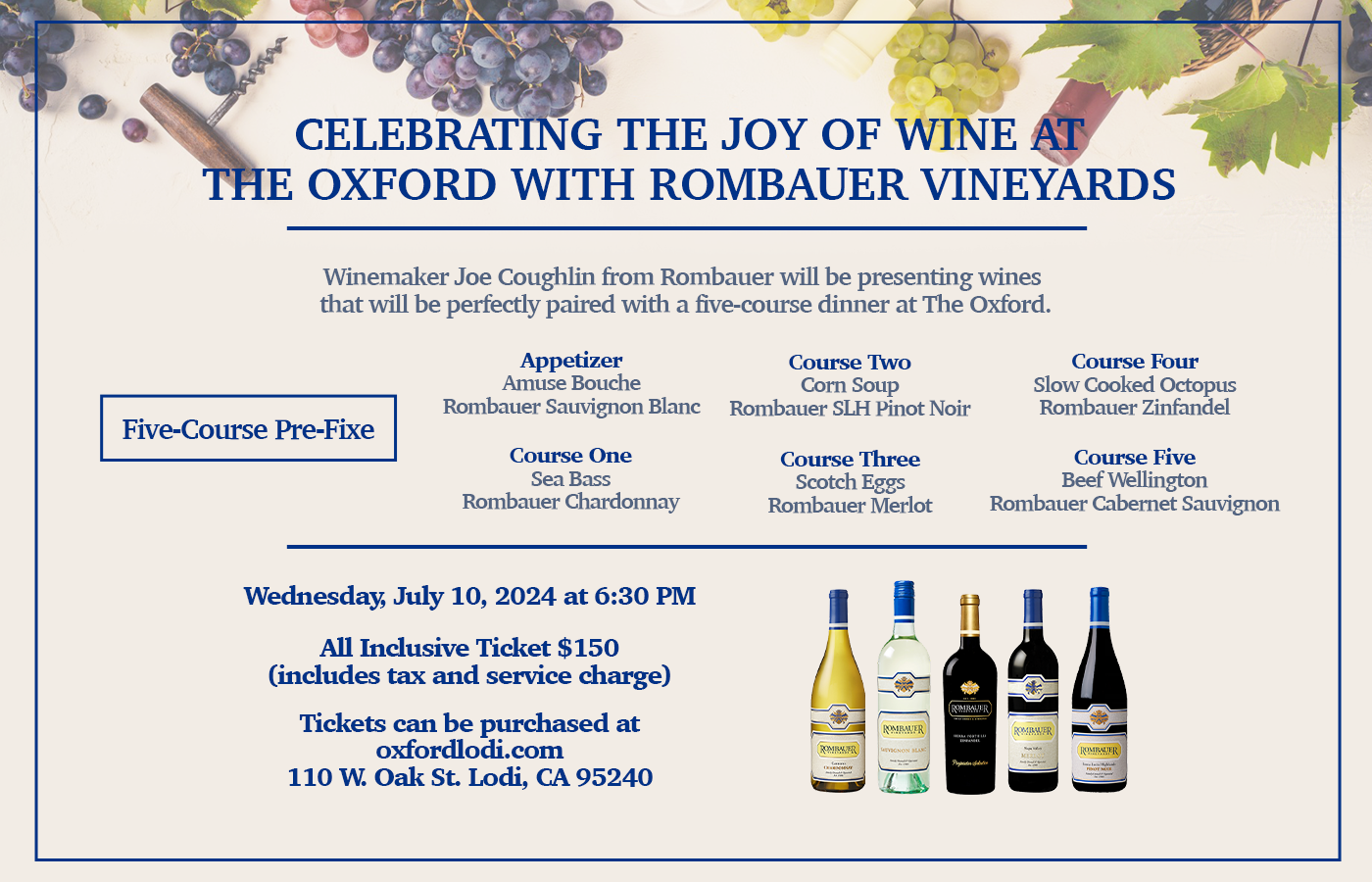 Rombauer Vineyards Winemaker Dinner - The Oxford - British Restaurant ...