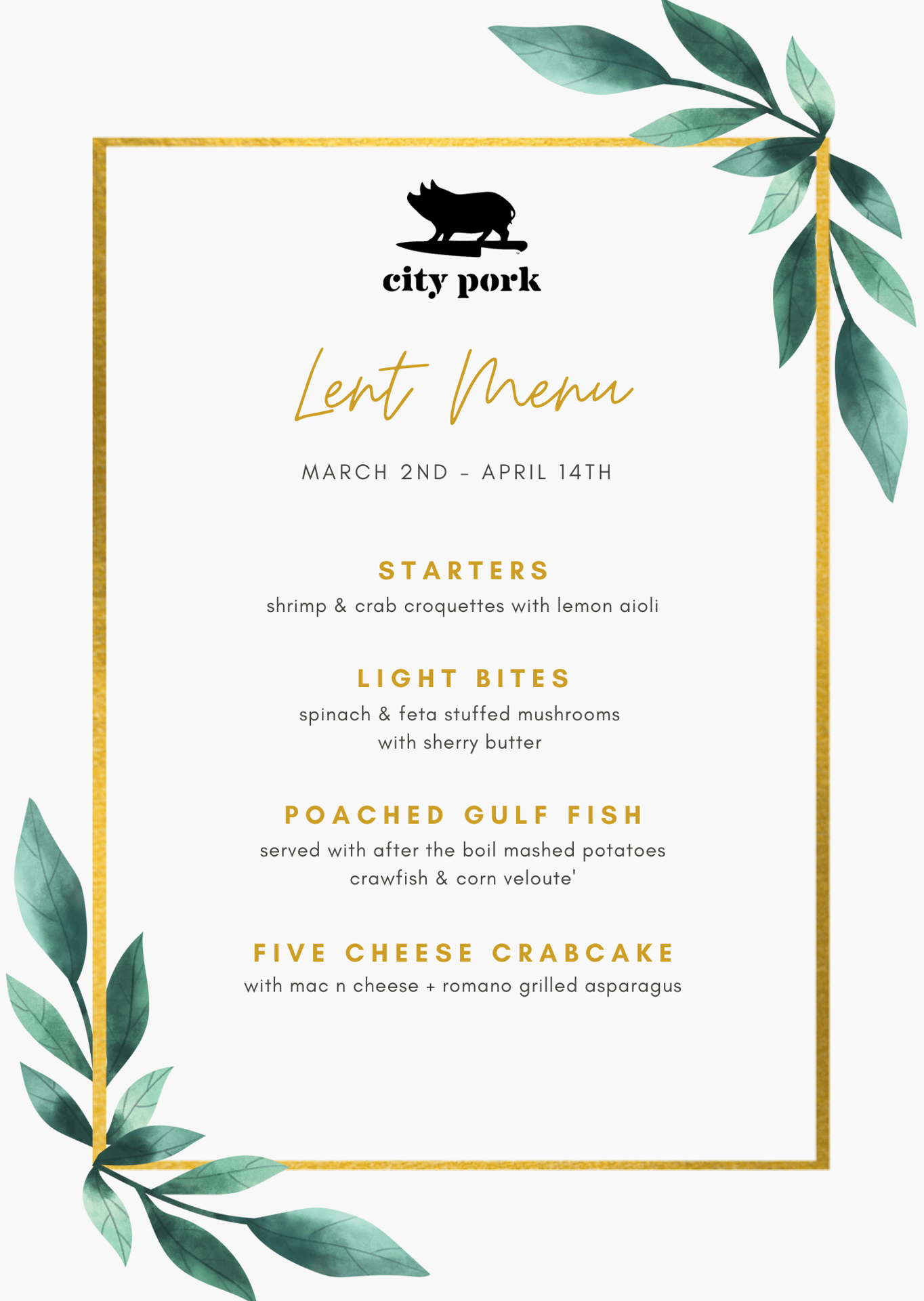 LENT MENU - City Pork Brasserie // City Pork Perkins @ Highland // City ...