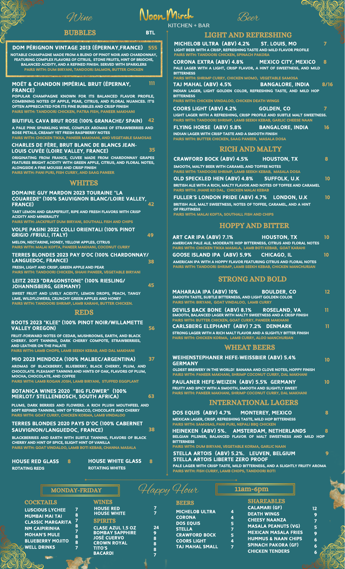 New Beer & Wine Menu - Noon Mirch Kitchen + Bar